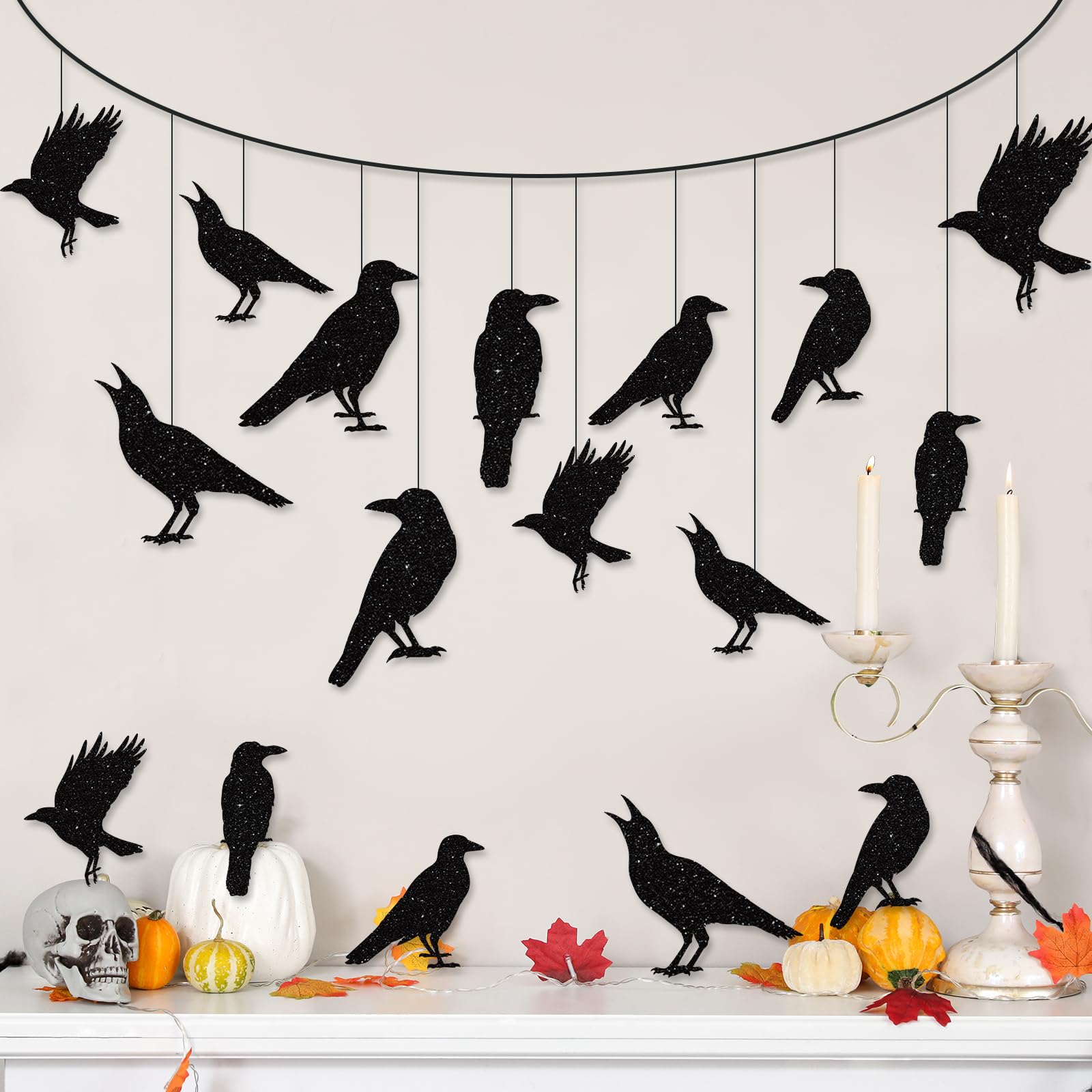 40pcs Glitter Black Crow Halloween Decorations Bird Raven Hanging Banners for Gothic Halloween Garland Backdrop Centerpiece Halloween Wall Cutouts for Horror Theme Birthday Wedding Yard Party Supplies