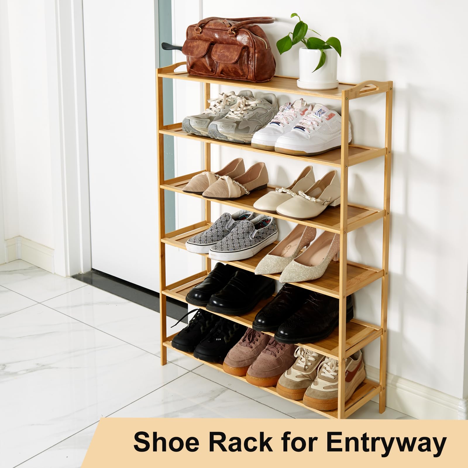 KJDFHNB 6 Tier Bamboo Shoe Rack for Closet, Free Standing Shoe Racks, Stackable Shoes Rack Organizer, Bamboo Wood Shoe Rack for Entryway and Closet Hallway (27.5" x 9.25" x 40.3")