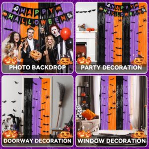 QOUBAI 3Pack Orange Purple Black Foil Fringe Curtains 3.3 X 6.6 ft Decals 1Pc Banner 40Pcs Bat Spider Stickers Halloween Backdrop Streamers for Halloween Photo Booth Prop Wall Party Decorations