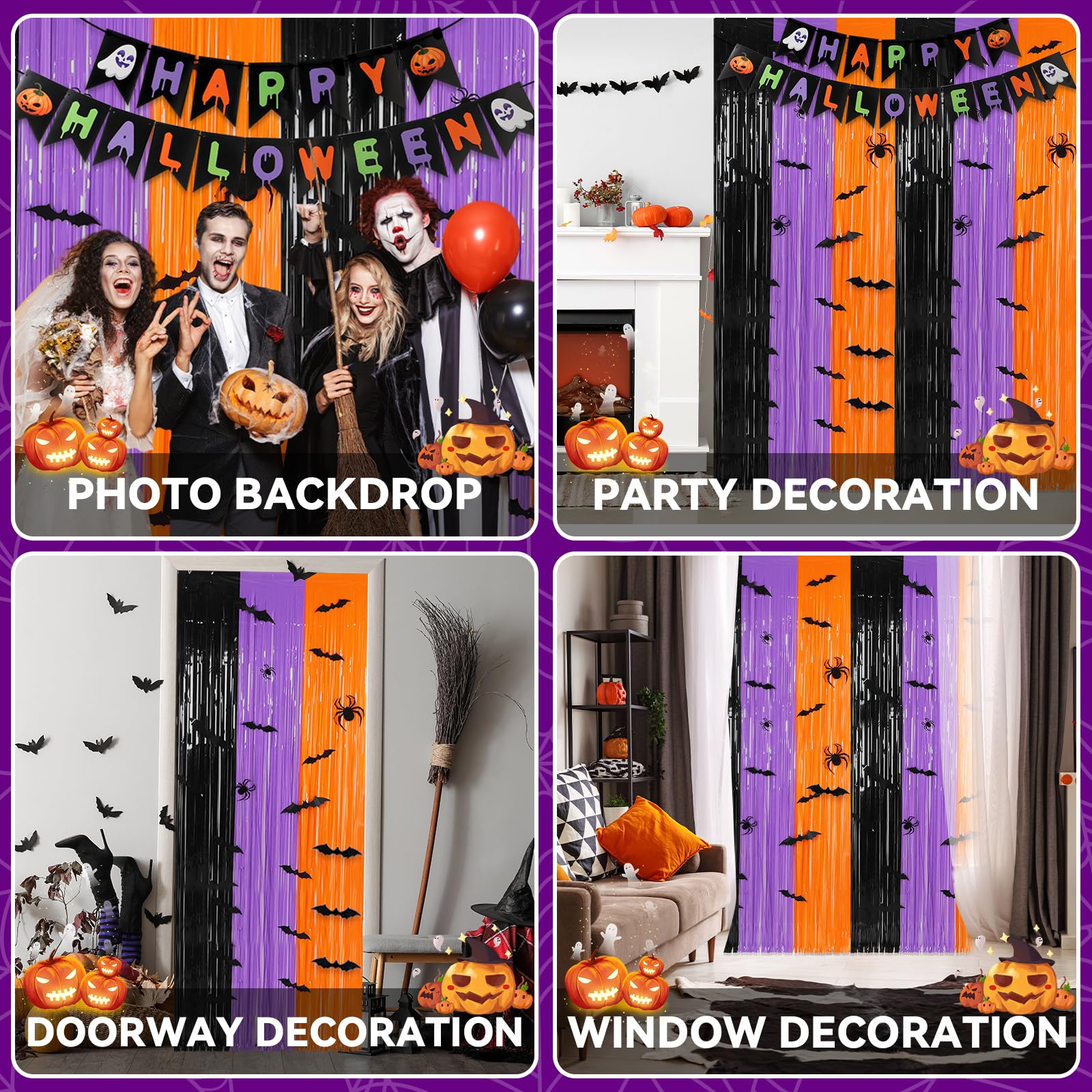 QOUBAI 3Pack Orange Purple Black Foil Fringe Curtains 3.3 X 6.6 ft Decals 1Pc Banner 40Pcs Bat Spider Stickers Halloween Backdrop Streamers for Halloween Photo Booth Prop Wall Party Decorations