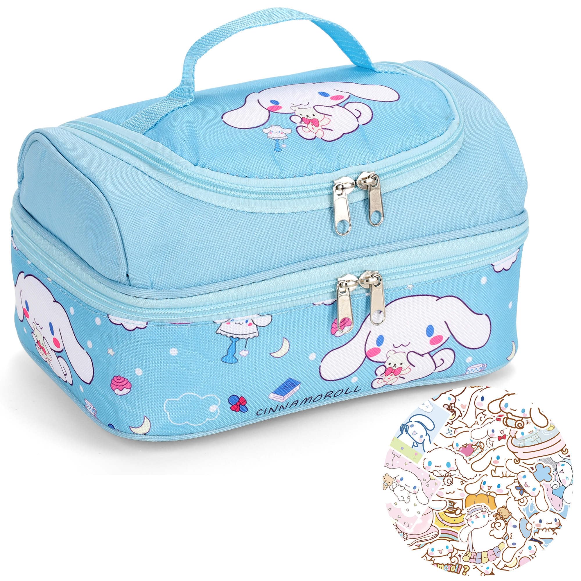 Cute Lunch Bag with Stickers - Cartoon Foldable Double Lunch Bag Large Compartment Lunch Tote Bags Insulated lunch box Bag for Work Travel School