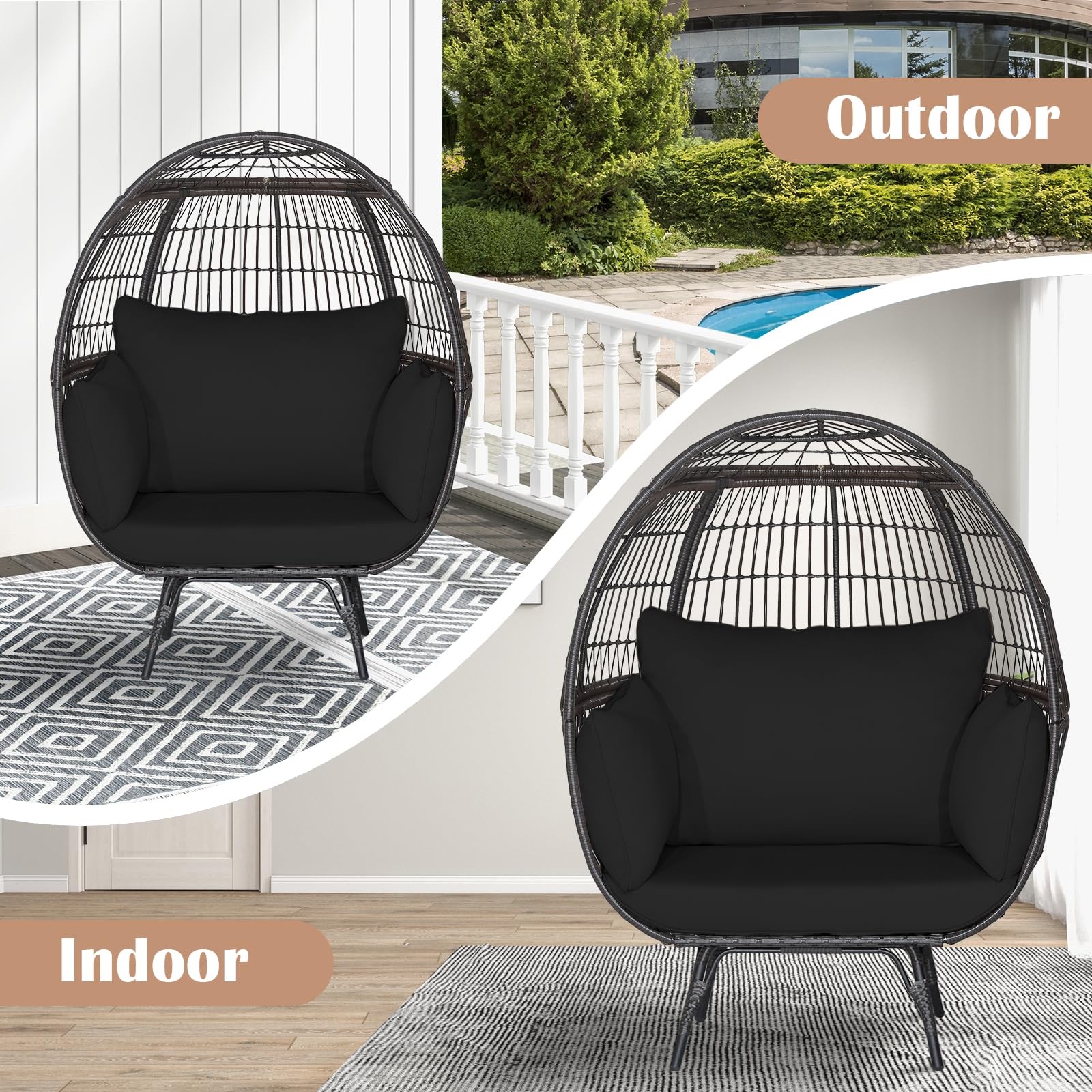 MAT EXPERT Oversized Egg Chair, Wicker Patio Basket Circle Lounge Chair w/Metal Stand & 4 Thick Cushions, PE Rattan Egg Lounger Outdoor Indoor for Backyard, Balcony, Living Room (Black)