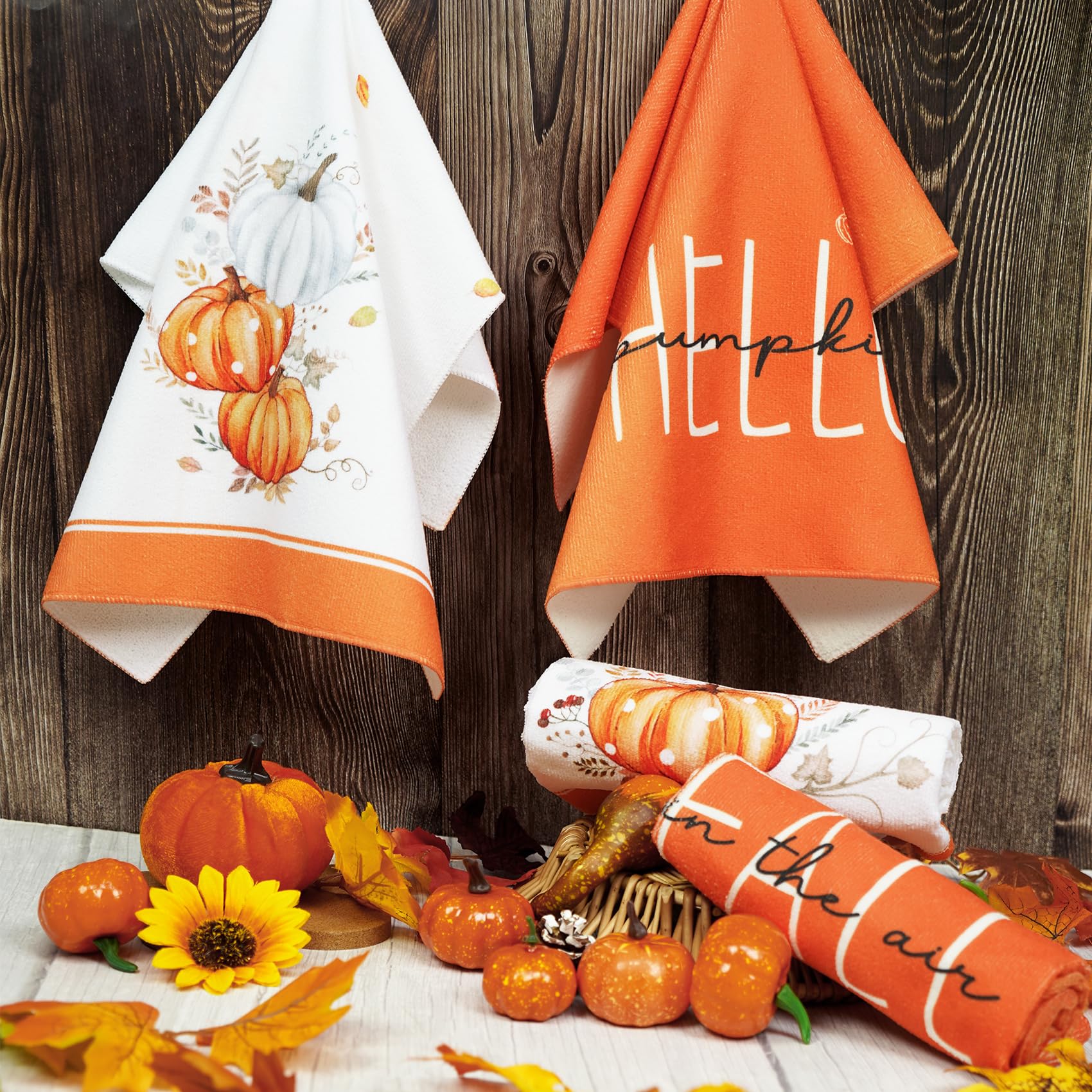 Korlon Tec 4 Pack Fall Kitchen Towels, Hello Pumpkin Fall Dish Towels, 18x26 Inch Farmhouse Fall Hand Towels for Kitchen Home Harvest Autumn Thanksgiving Decorations