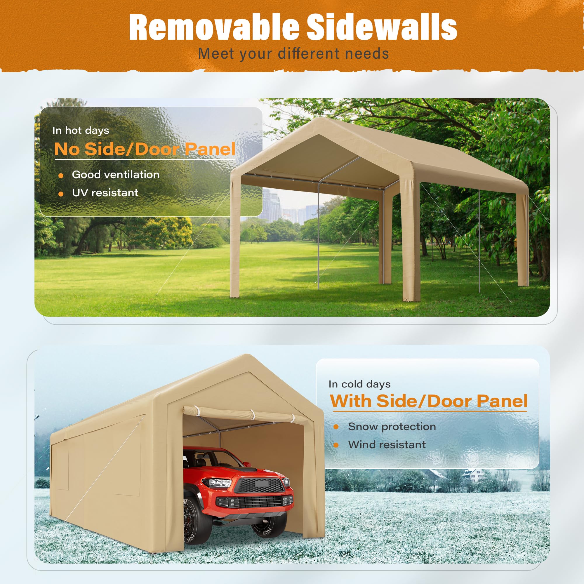 Oakmont Heavy Duty Carport, 10' × 20' Car Tent with All Metal Frame and Removable Sidewalls, Portable Canopy Garage with All-Season UV Resistant Tarp for Car Boat Truck Motorcycle (Brown)