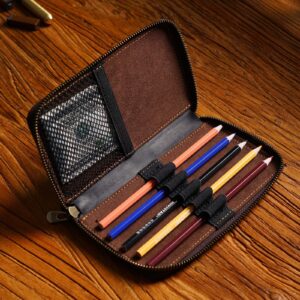 MIVLXLX Leather Pencil Case Organizer with Zipper, Portable Pen Case Storage for Drawing Pencils and Markers (coffee)