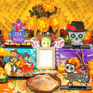 HOWAF 4PCS Day of The Dead Centerpiece, Dia De Los Muertos Wooden Table Topper with Sugar Skull Dancing Ghost Skeleton Couple Skeleton Cat Sacrificial Altar for Day of The Dead Table Decorations