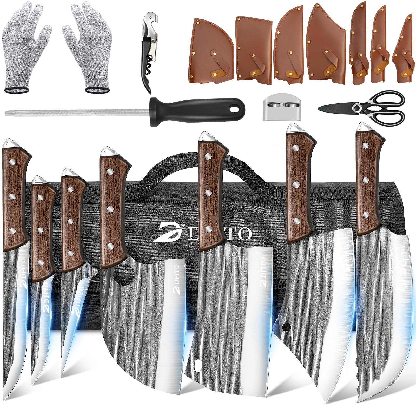 Dfito Butcher Knife Set with Roll Bag, 14 in 1 Professional Chef Knife Set, Hand Forged Chopping & Meat Cleaver & Viking Knives, High Carbon Stainless Steel Kitchen Knife Set for Kitchen Camping BBQ