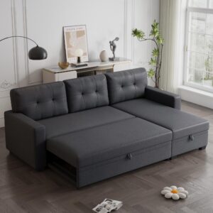 Acosure 82" Upholstered Pull Out Sofa Bed with Storage Chaise,Linen Reversible Couch W/Tufted Backrest,3 Seater Sectional Sleeper for Living Room Apartment Office,Dark Gray