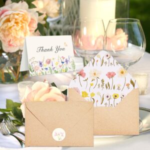 HRFGWDD Floral Thank You Cards With Envelopes 25 Pack, Wildflower Thank You Cards 4"x6", Thank You Notes With Envelopes And Stickers Set for Wedding, Bridal Showers, Baby Showers, Thanksgiving Party