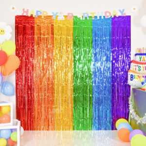 4 pack large rainbow foil fringe curtain-13.2x6.6ft rainbow tinsel streamers backdrop, fuller-effect colorful photo backdrop for birthday decorations, rainbow party, back to school, photo booth props