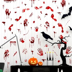 halloween bloody wall stickers spooky bloody handprint footprint window stickers easy to apply and remove, vivid halloween spooky stickers perfect for halloween party indoor outdoor decorations