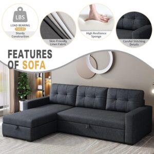 Acosure Pull Out Sofa Bed with Storage Chaise,L-Shape Sectional Corner Couch W/ 3 Back Cushions,Upholstered Convertible Sleeper for Apartment Dorm Living Room,Dark Gray