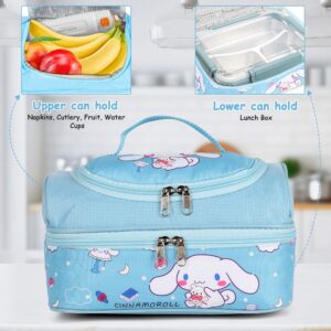 Cute Lunch Bag with Stickers - Cartoon Foldable Double Lunch Bag Large Compartment Lunch Tote Bags Insulated lunch box Bag for Work Travel School