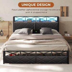 DICTAC California King Bed Frame with Hidden Storage and 2 Drawers Metal Cal King Size Platform Bed with Led Lights and Charging Station Led Bed with Upholstered Headboard,No Box Spring Needed,Black