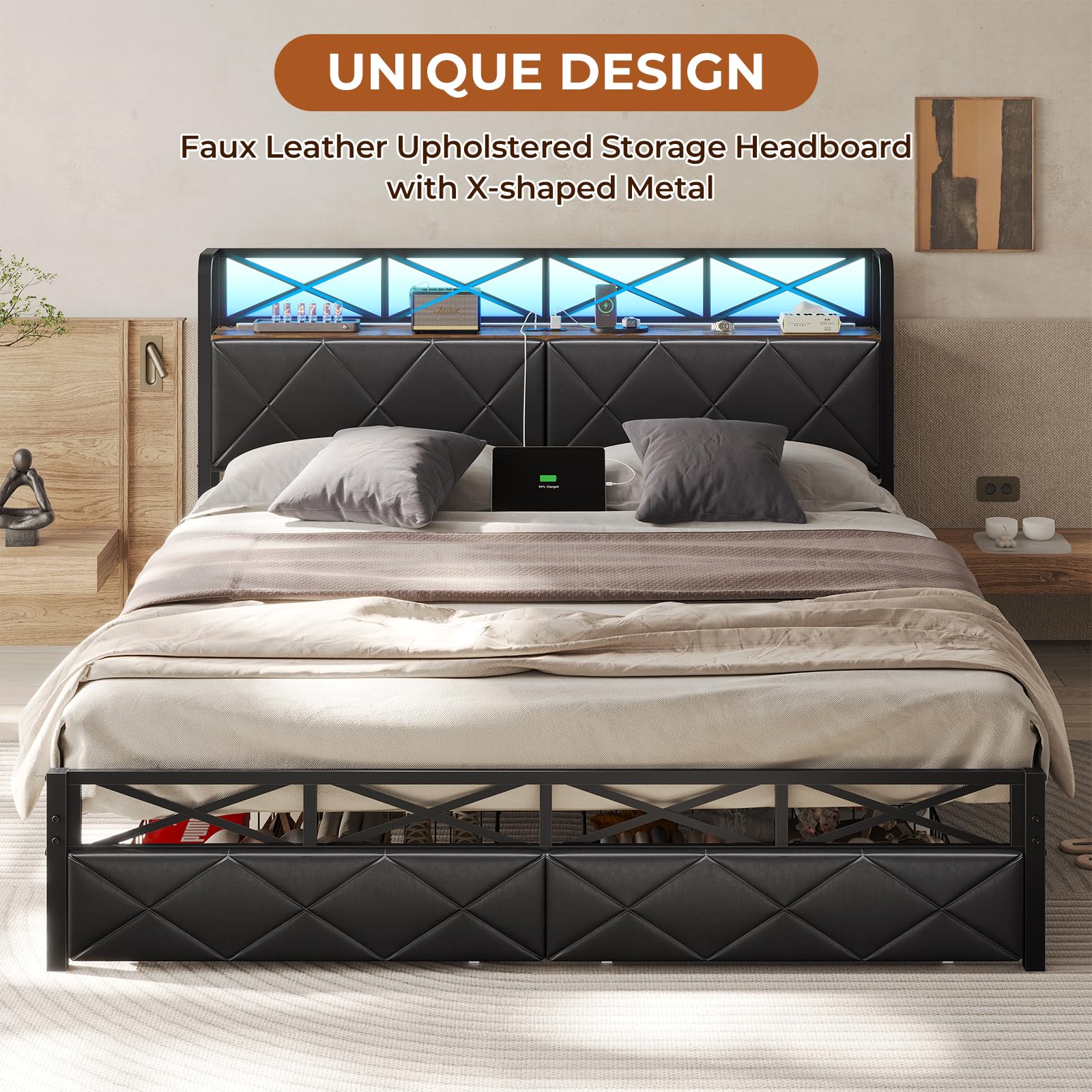 DICTAC California King Bed Frame with Hidden Storage and 2 Drawers Metal Cal King Size Platform Bed with Led Lights and Charging Station Led Bed with Upholstered Headboard,No Box Spring Needed,Black