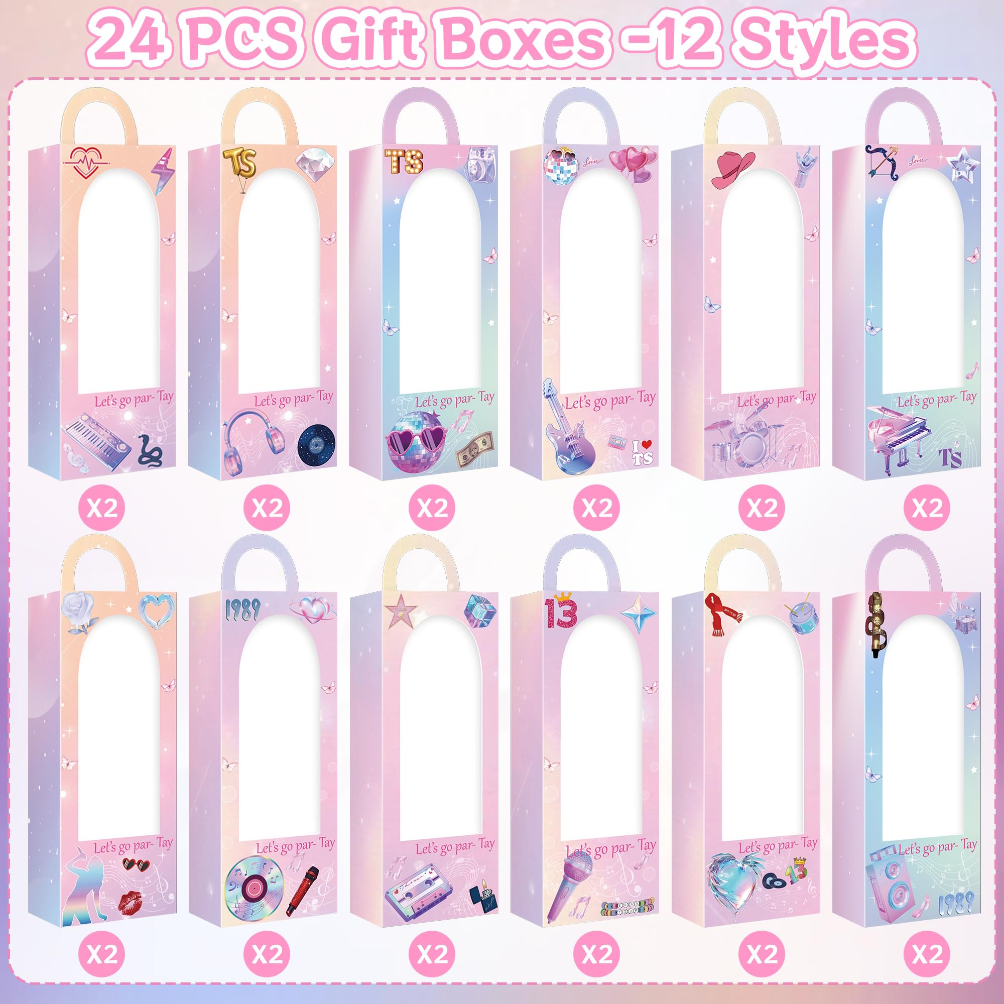 buersur 24PCS Cute Party Favors Boxes - Cute Pink Theme Gift Boxes Candy Boxes Tote Boxes Goodie Bag for Girls and boys Fill Up the Birthday Gift Bags (12 Pattern)