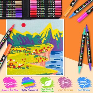 IVSUN 60 Colors Acrylic Paint Markers, Dual Tip Acrylic Paint Pens with Brush and Fine Tips for Rock Painting, Canvas, Wood, Glass, Metal, Ceramic, Calligraphy, Card Making, DIY Crafts