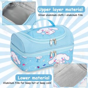 Cute Lunch Bag with Stickers - Cartoon Foldable Double Lunch Bag Large Compartment Lunch Tote Bags Insulated lunch box Bag for Work Travel School