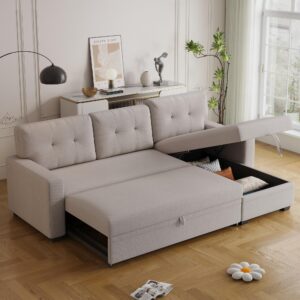 acosure 82" pull out couch with storage chaise,l-shape sectional sofa bed w/tufted backrest,3 seater convertible sleeper for living room apartment office,beige