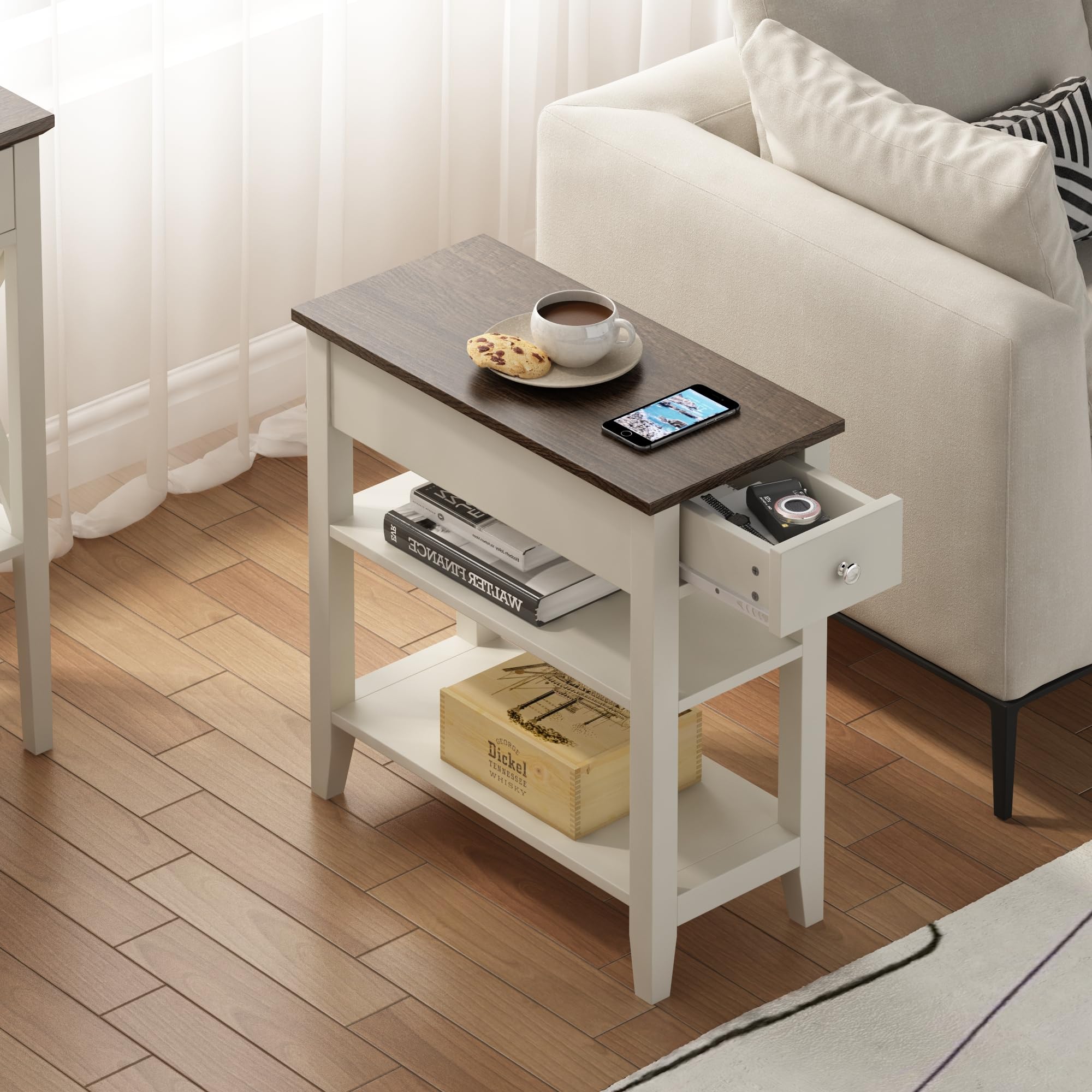 ChooChoo Side Table Living Room Set of 2, Narrow End Table with Drawer and Shelf, 3-Tier Sofa End Table for Small Space, White and Brown