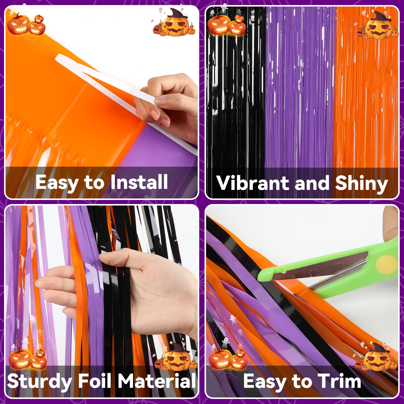 QOUBAI 3Pack Orange Purple Black Foil Fringe Curtains 3.3 X 6.6 ft Decals 1Pc Banner 40Pcs Bat Spider Stickers Halloween Backdrop Streamers for Halloween Photo Booth Prop Wall Party Decorations