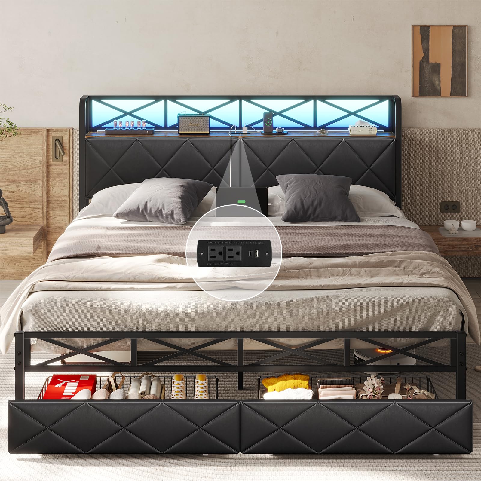 DICTAC California King Bed Frame with Hidden Storage and 2 Drawers Metal Cal King Size Platform Bed with Led Lights and Charging Station Led Bed with Upholstered Headboard,No Box Spring Needed,Black