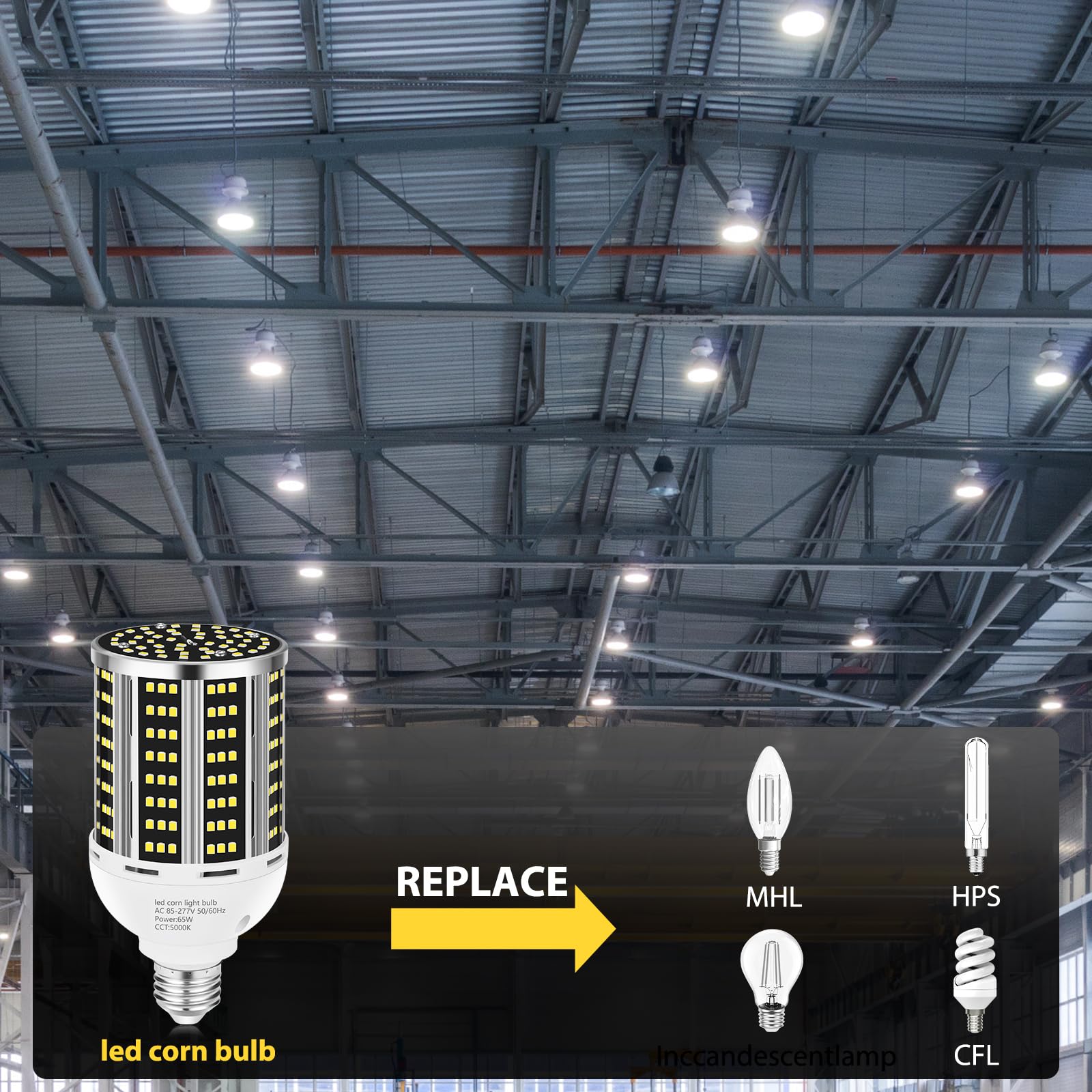 65W LED Corn Light Bulb 2 pack(650W Equivalent ) ,Daylight 5000K E26/E39 Commercial Grade 7800LM Medium Mogul Base LED Lamp,Large Area Lights For Outdoor Indoor Garage Warehouse Factory Bay Light