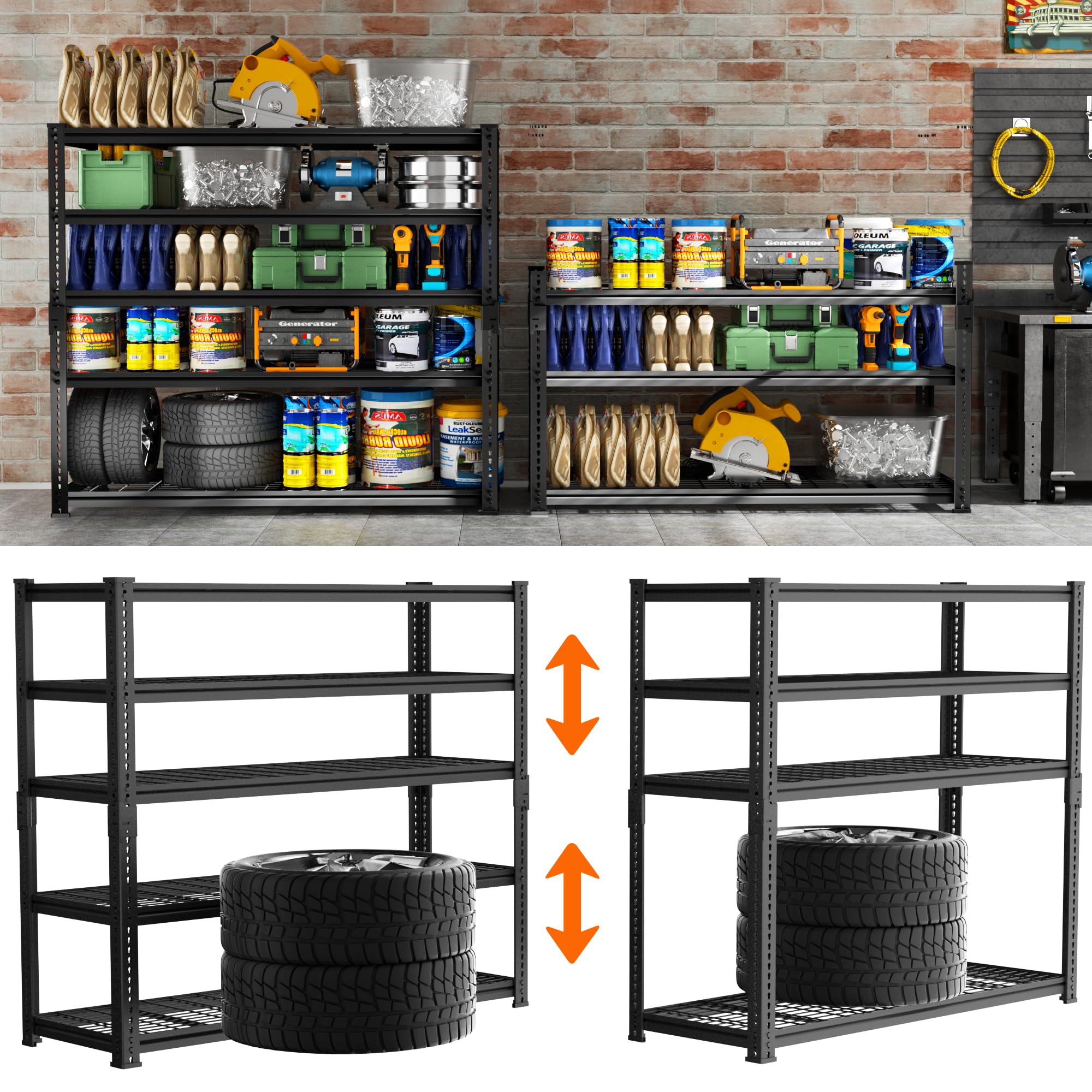 ROOMTEC Garage Shelving, 3300 LBS Capacity Storage Shelves Heavy Duty, 5 Tier Adjustable Metal Organizer Wire Rack, 60"L x 24"W x 78"H Utility Shelf Unit for Kitchen Pantry (1, 60" L x 24" W x 78" H)