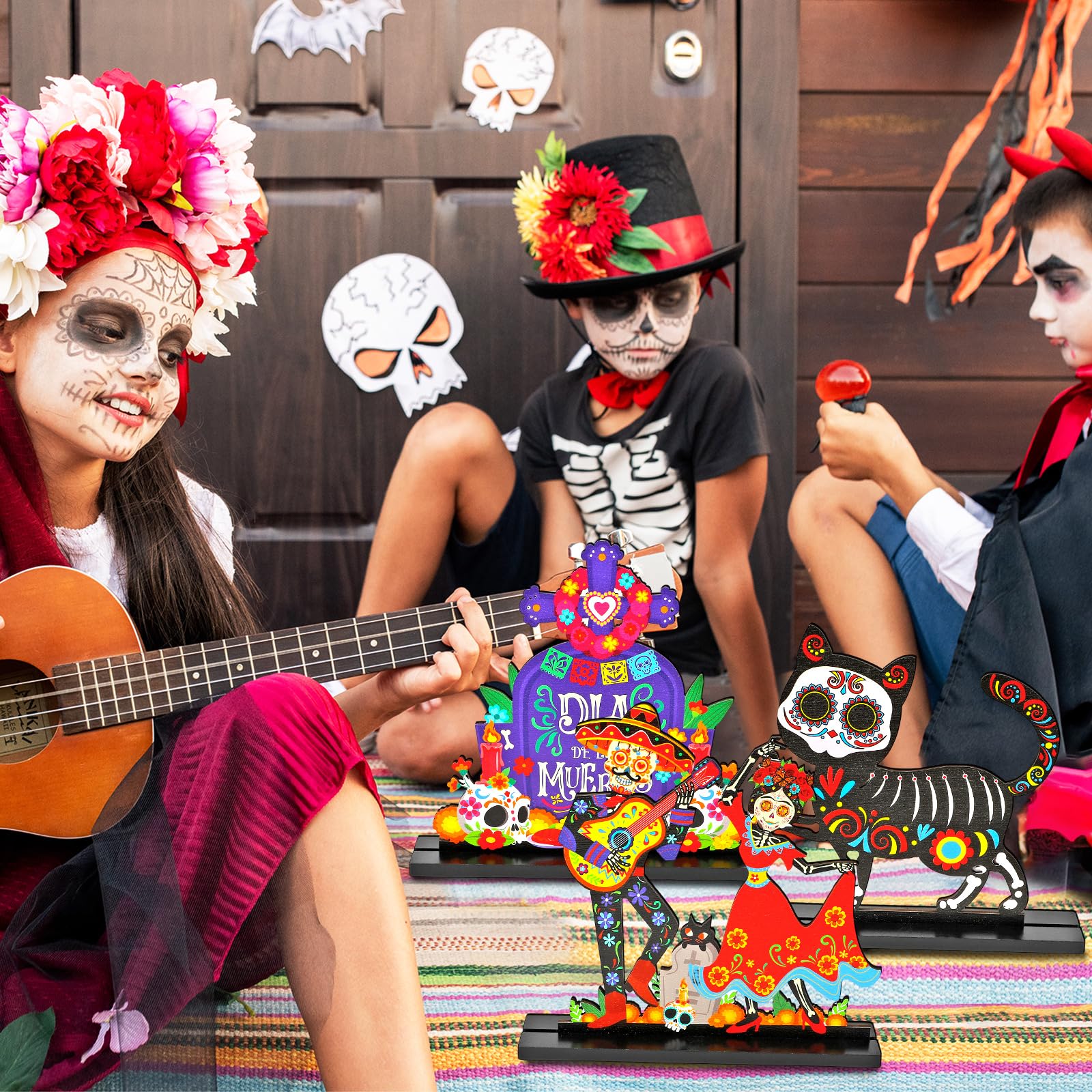 HOWAF 4PCS Day of The Dead Centerpiece, Dia De Los Muertos Wooden Table Topper with Sugar Skull Dancing Ghost Skeleton Couple Skeleton Cat Sacrificial Altar for Day of The Dead Table Decorations