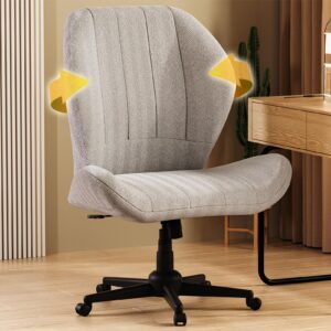 zzw cross legged chair armless office chair with wheels wide desk chair with tall back comfy vanity chair with stress relief curved design seat criss cross chair for bedroom & office & home (gray)