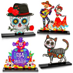 howaf 4pcs day of the dead centerpiece, dia de los muertos wooden table topper with sugar skull dancing ghost skeleton couple skeleton cat sacrificial altar for day of the dead table decorations