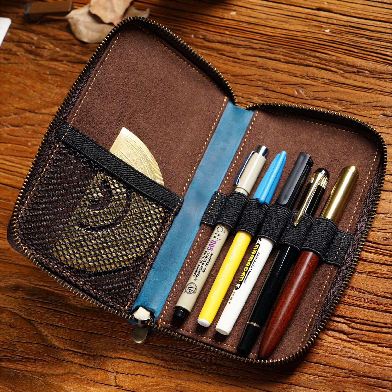 MIVLXLX Leather Pencil Case Organizer with Zipper, Portable Pen Case Storage for Drawing Pencils and Markers (coffee)