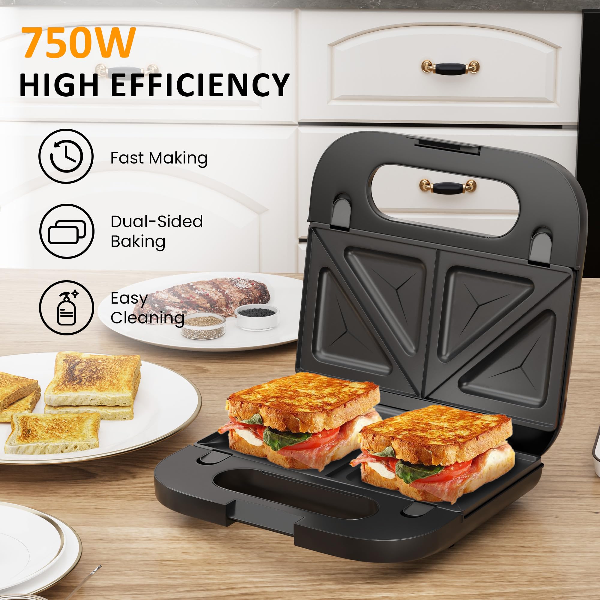 Sunvivi Waffle Iron, Panini Press Grill and Sandwich Maker Set, 3 in 1 Electric Sandwich Press with Removable Non-Stick Plates, Indicator Lights & Cool Touch Handle 750W