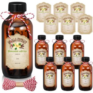 uiifan 6 pack amber glass bottle boston round bottles with caps brown vanilla extract bottles and 6 pcs vanilla extract stickers for syrup gift glass food storage canister set sauce beans(4 oz)