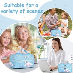 Cute Lunch Bag with Stickers - Cartoon Foldable Double Lunch Bag Large Compartment Lunch Tote Bags Insulated lunch box Bag for Work Travel School