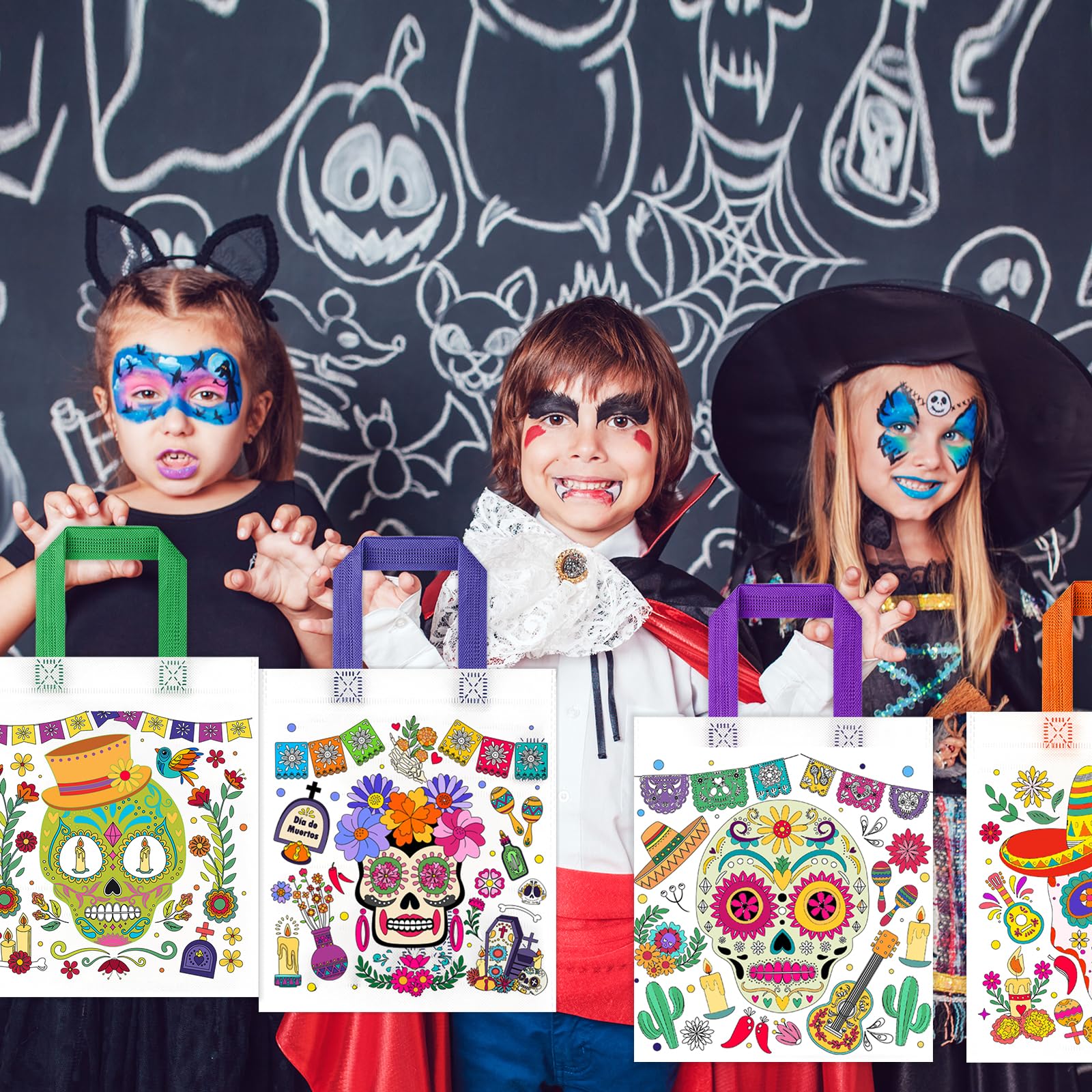 HOWAF Day of The Dead Coloring Gift Bags with 24 （12 Colors） Paint Pens, 12pcs Color Your Own Sugar Skull Tote Bags Dia De Los Muertos Non-Woven DIY Bags for Mexican Halloween Party Favors Activity