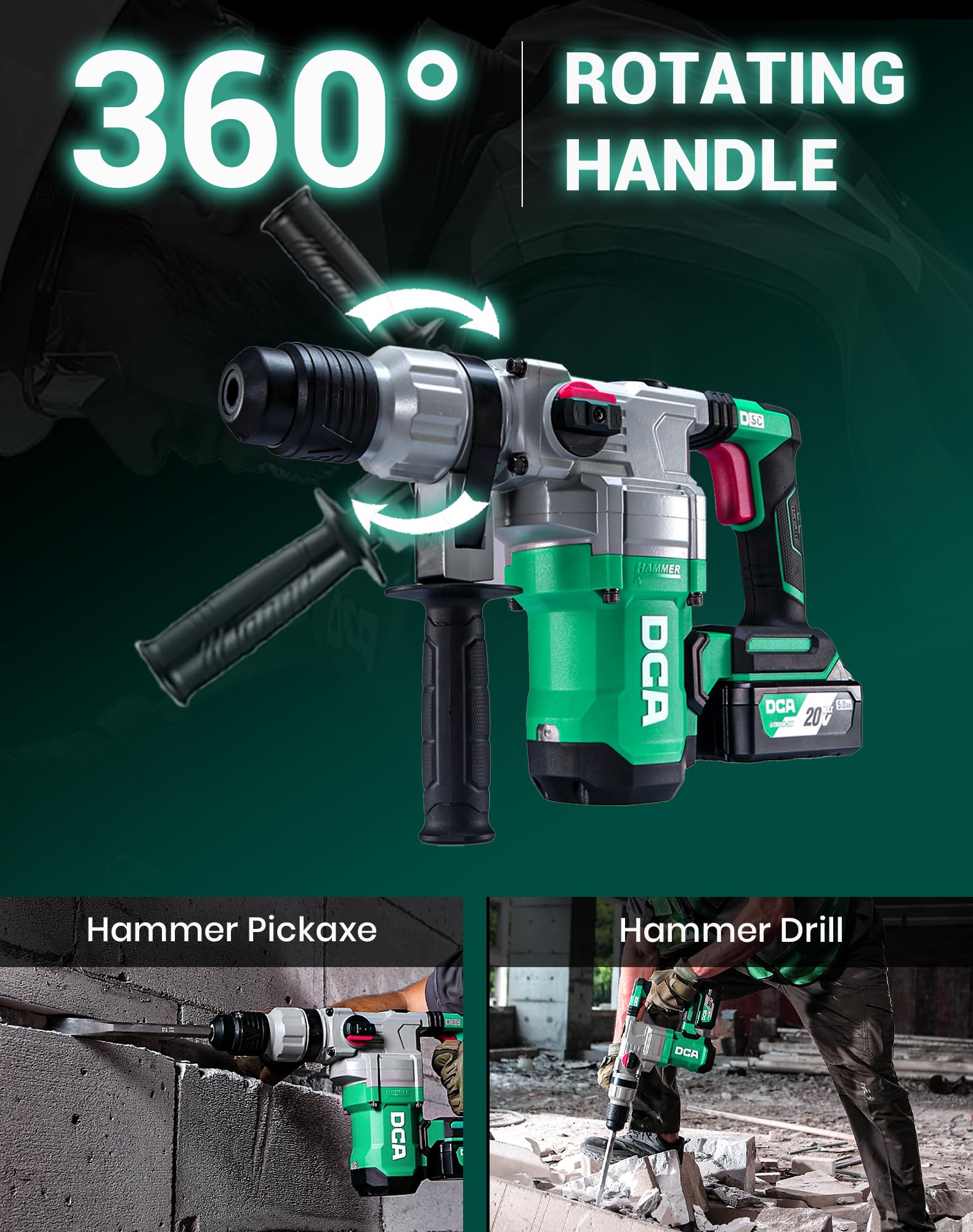 DCA 20V MAX Brushless Rotary Hammer Drill, 4.5 Joule, 3800BPM, 1-1/8 Inch SDS-Plus, Cordless Heavy Duty Rotary Hammer Drill, 5.0Ah Battery, 4A Fast Charger, Safety Clutch, 4 Drill Bits and 2 Chisels