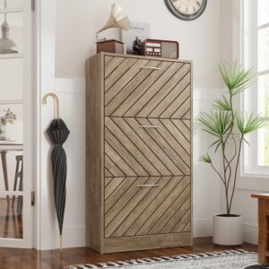 woodtime shoe cabinet with 3 flip drawers & shutter doors, modern shoe rack cabinet with removable divider, narrow shoe storage organizer for slim entryway, dorm, brown