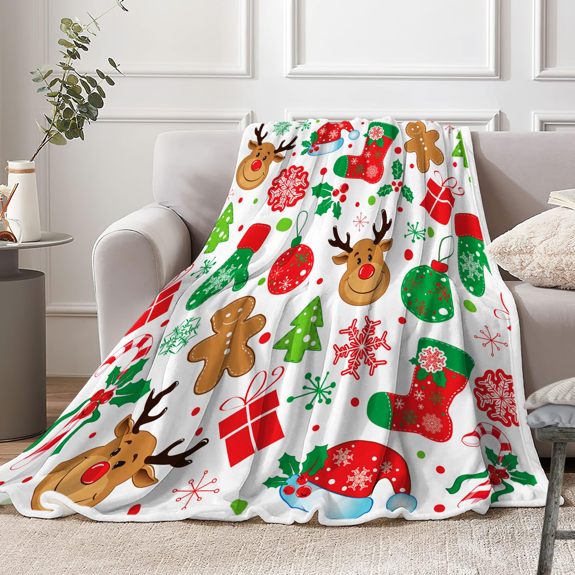 NYMB White Cute Kids Christmas Throw Blanket, Funny Reindeer Snowflake Gingerbread Candy Snowflake Holiday Blanket for Couch Bed, Warm and Cozy Travel Camping Throw Blanke, 50X60in