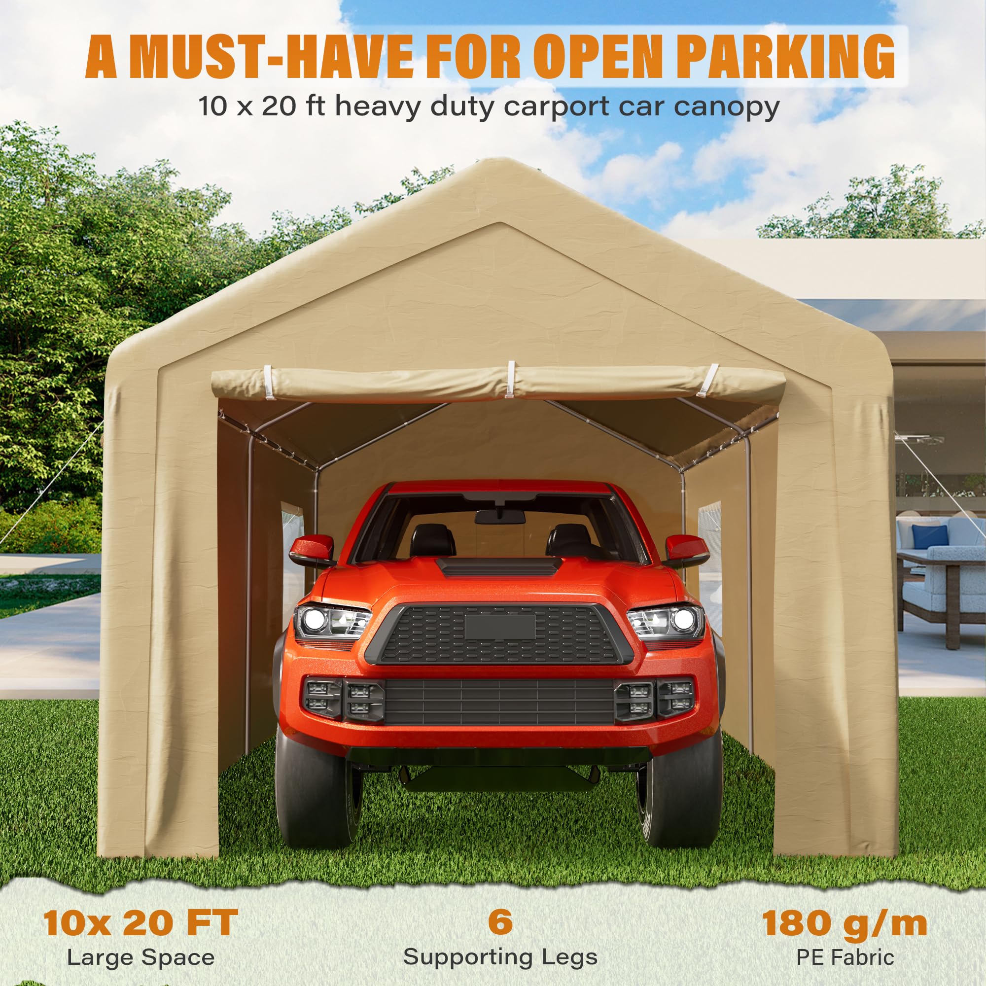 Oakmont Heavy Duty Carport, 10' × 20' Car Tent with All Metal Frame and Removable Sidewalls, Portable Canopy Garage with All-Season UV Resistant Tarp for Car Boat Truck Motorcycle (Brown)