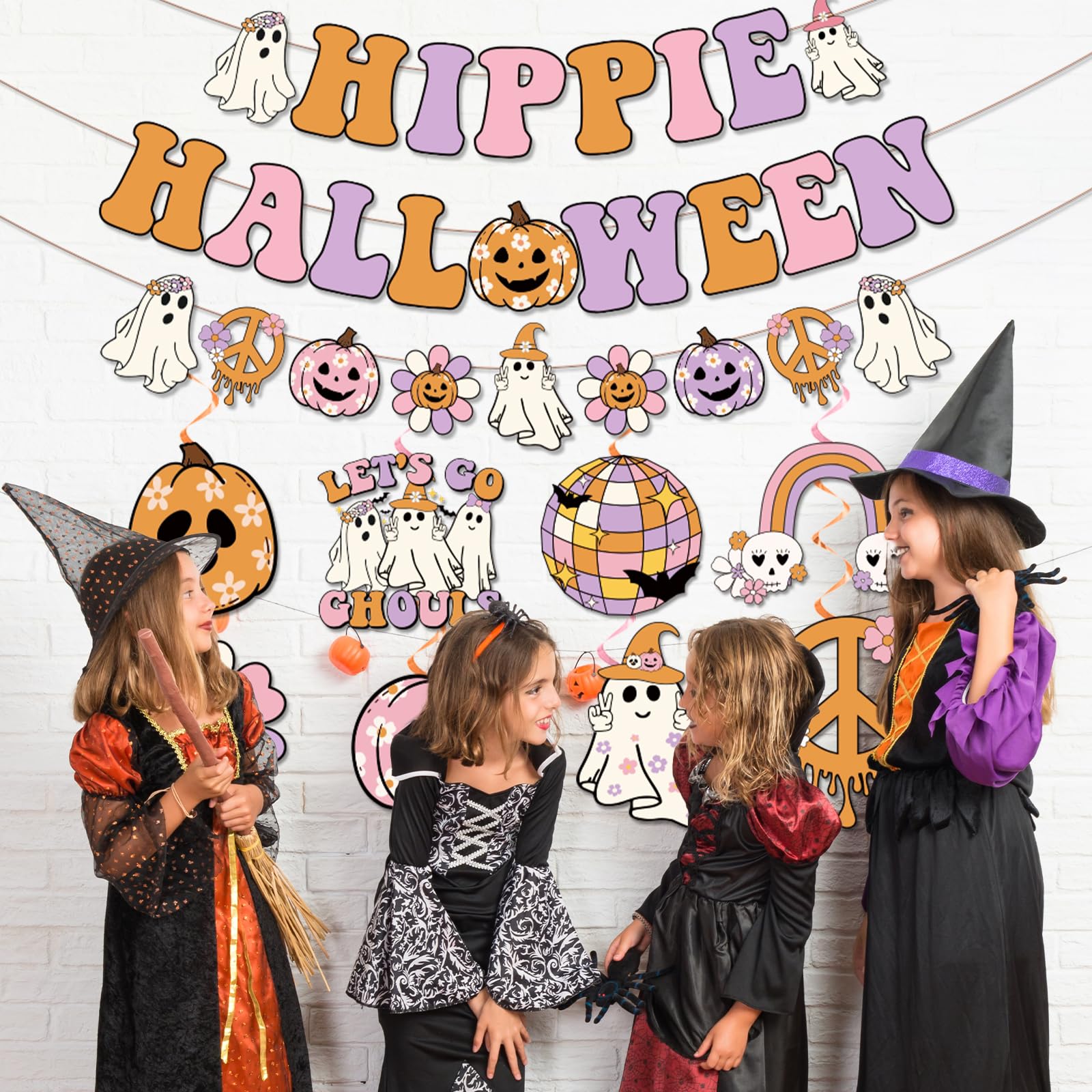 Hippie Halloween Decorations, Groovy Hippie Decorations includes Groovy Happy Halloween Banner, Groovy Garland and Hippie Halloween Decor Hanging Swirls, Hippie Retro Hippie Decorations