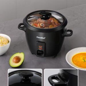 COMFEE' Rice Cooker, 6-Cup Cooked/3-Cup Uncooked, Removable Non-Stick Bowl, for Soups, Stews, Grains&Oatmeal, One Touch, Black