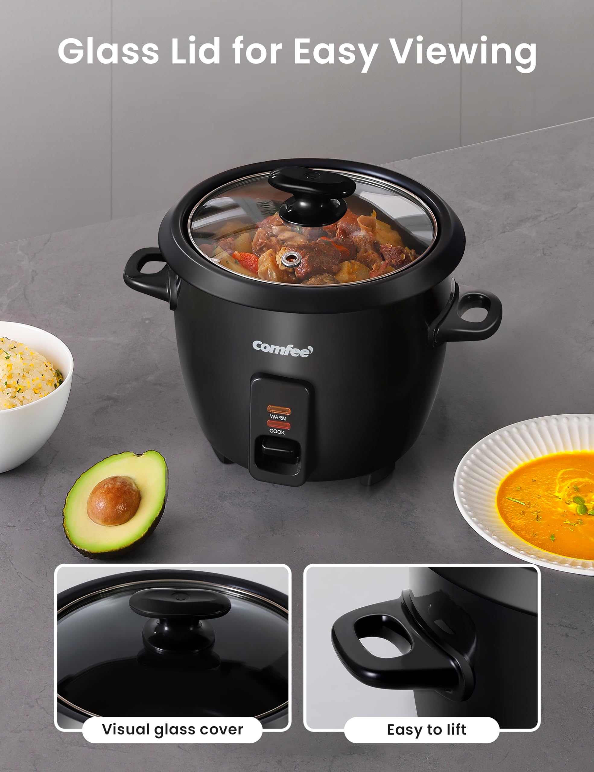 COMFEE' Rice Cooker, 6-Cup Cooked/3-Cup Uncooked, Removable Non-Stick Bowl, for Soups, Stews, Grains&Oatmeal, One Touch, Black