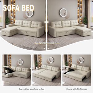 Acosure Pull Out Sofa Bed with Storage Chaise,L-Shape Sectional Corner Couch W/ 3 Back Cushions,Upholstered Convertible Sleeper for Apartment Dorm Living Room,Beige