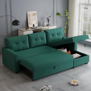 acosure 82" pull out couch with storage chaise,l-shape sectional sofa bed w/tufted backrest,3 seater convertible sleeper for living room apartment office,green