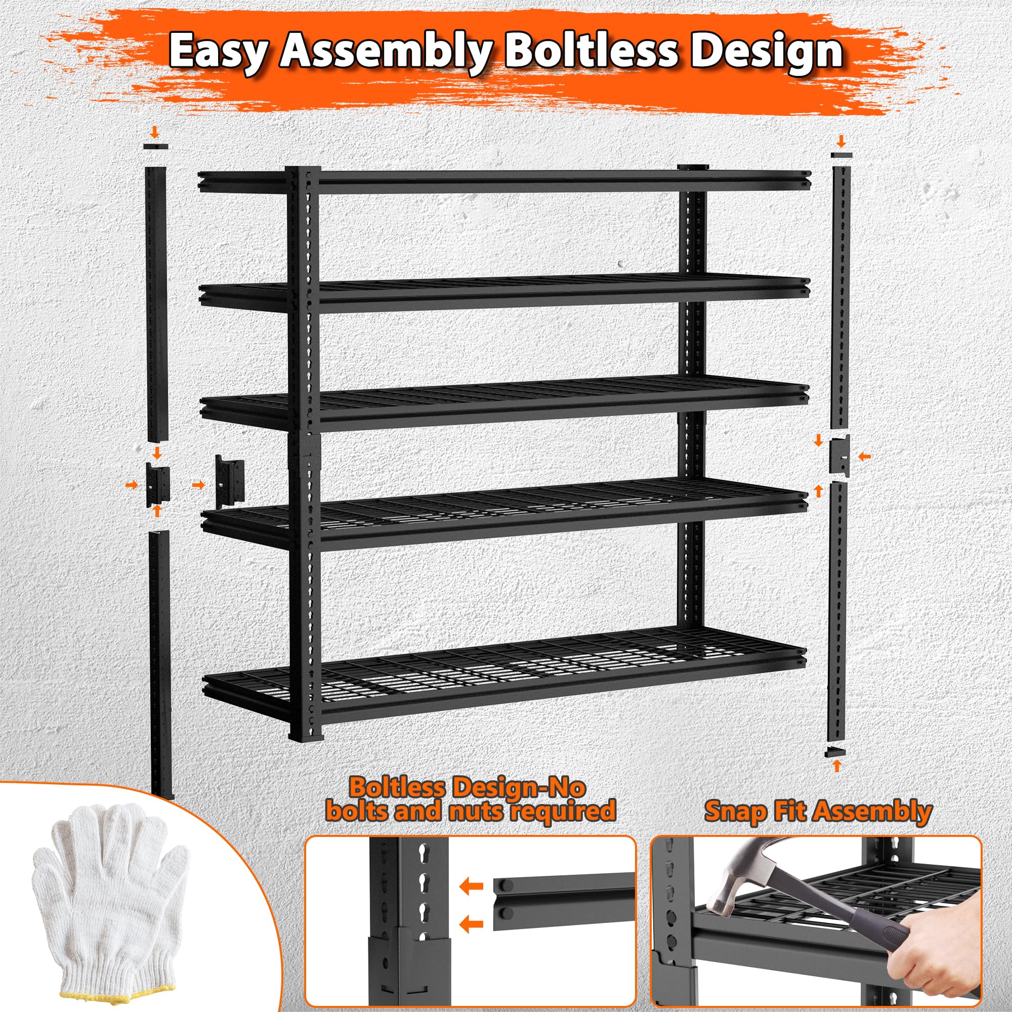 ROOMTEC Garage Shelving, 3300 LBS Capacity Storage Shelves Heavy Duty, 5 Tier Adjustable Metal Organizer Wire Rack, 60"L x 24"W x 78"H Utility Shelf Unit for Kitchen Pantry (1, 60" L x 24" W x 78" H)