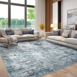 Soalmost Abstract Rug 8x10 Large Living Room Rugs Neutral Modern Washable Area Rugs for Bedroom Dining Room Non-Slip Stain Resistant Foldable Thin Rug Blue