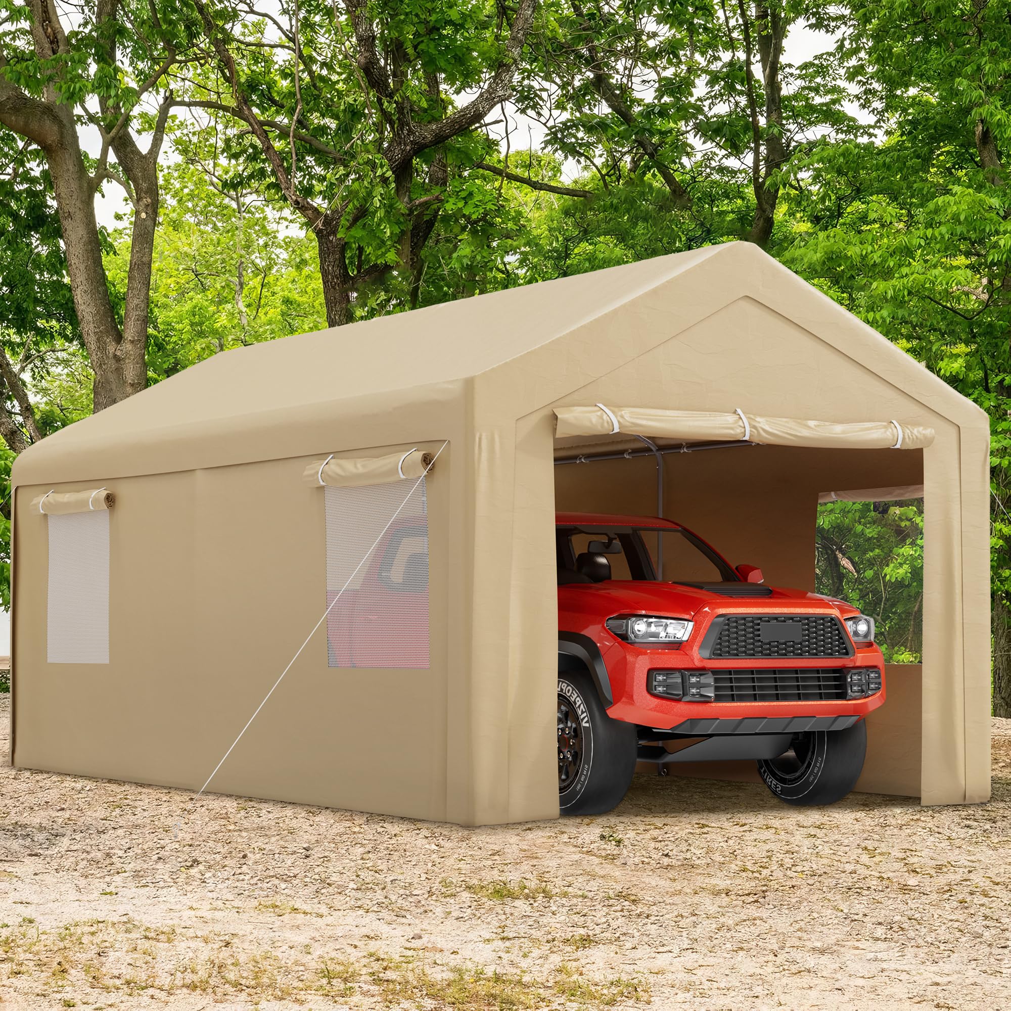 Oakmont Heavy Duty Carport, 10' × 20' Car Tent with All Metal Frame and Removable Sidewalls, Portable Canopy Garage with All-Season UV Resistant Tarp for Car Boat Truck Motorcycle (Brown)