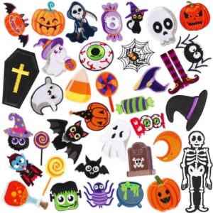 36pcs halloween autumn iron on patches halloween embroidered sew applique repair patch cute skull pumpkin ghost black cat witch bats diy crafts for clothing jacket jeans pants dress backpack hat decor