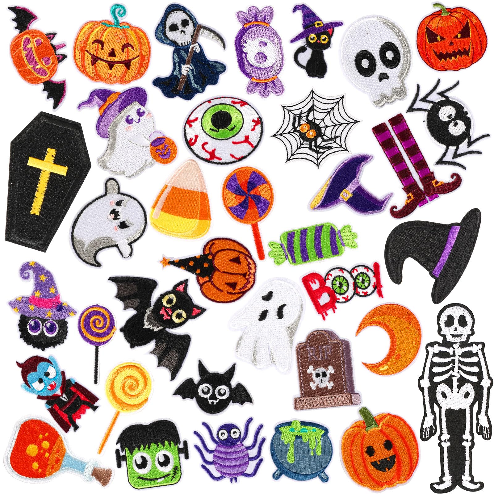 36pcs Halloween Autumn Iron on Patches Halloween Embroidered Sew Applique Repair Patch Cute Skull Pumpkin Ghost Black Cat Witch Bats DIY Crafts for Clothing Jacket Jeans Pants Dress Backpack Hat Decor